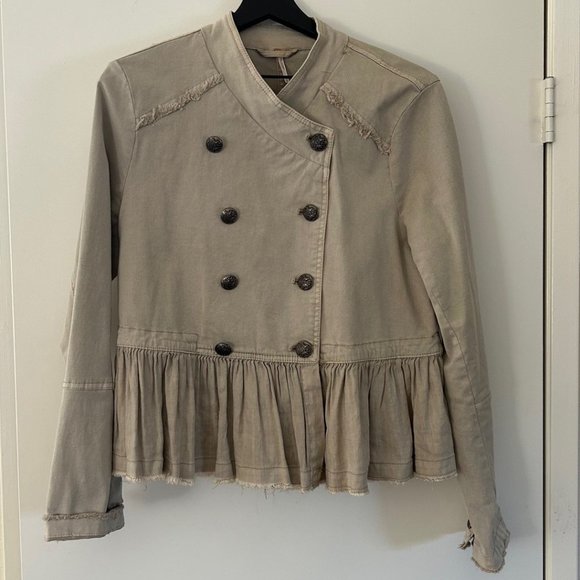 Free People | Jackets & Coats | Military Jacket Beige Green Ruffle Hem ...
